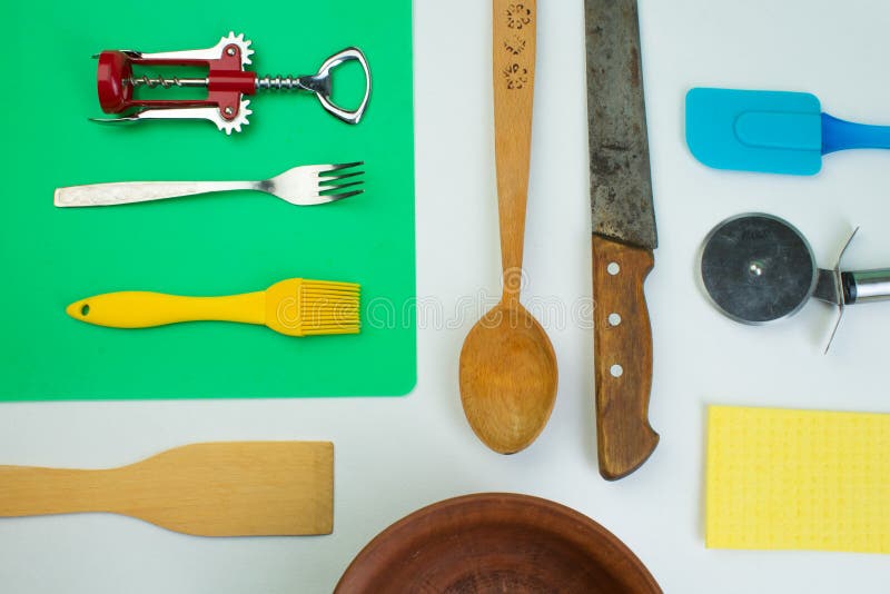 Background of Kitchen Utensils on White Wooden Kitchen Table. Tools ...