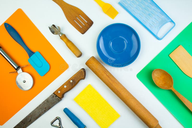 Background of Kitchen Utensils on White Wooden Kitchen Table. Tools ...