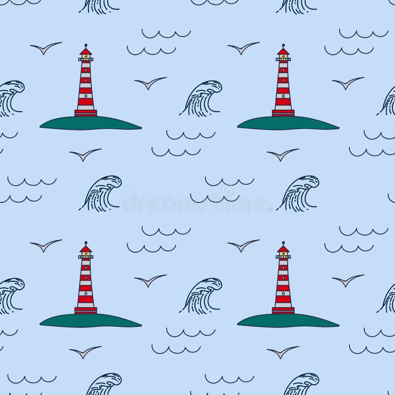Background with Lighthouse Building and Waves. Cartoon Tower in the ...