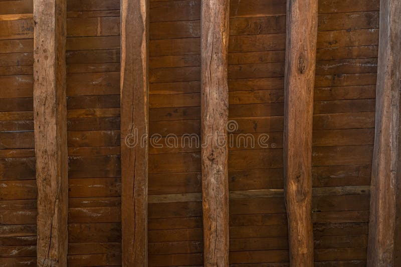 Background Made of an Old Brown Ceiling with Boards and Beams. Stock ...