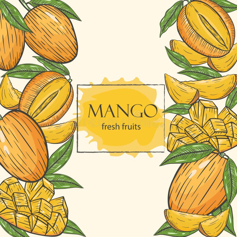 Background with Mango, Vector Illustration. Whole Mango, Slices, Leaves ...