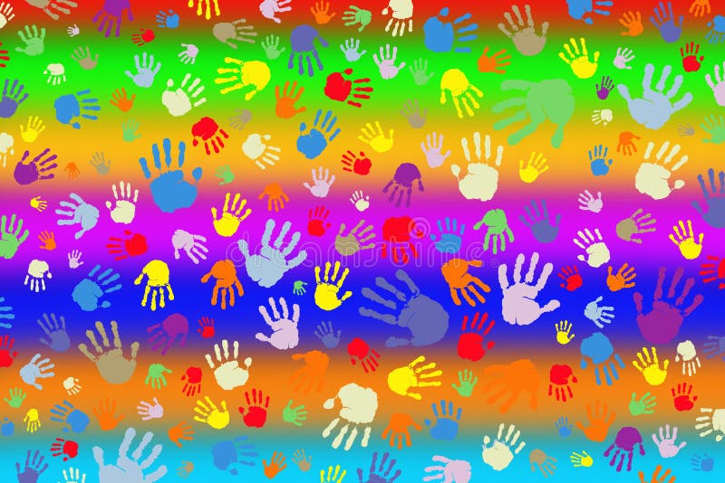 Background of Many Color Prints of Hands on a Rainbow Background Stock ...