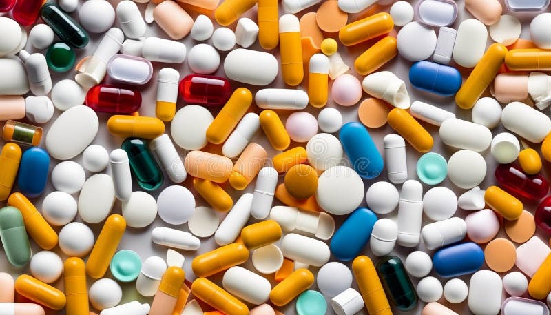 Background with Many Different Medications Including Capsules and ...