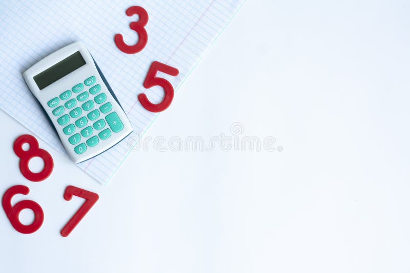 Background Math Calculator and Red Numbers on White Background, Flat ...