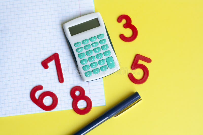 Background Math Calculator and Red Numbers on White Background, Flat ...