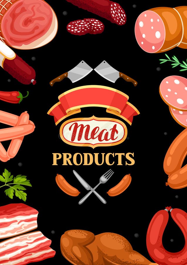 Background with Meat Products. Illustration of Sausages, Bacon and Ham ...