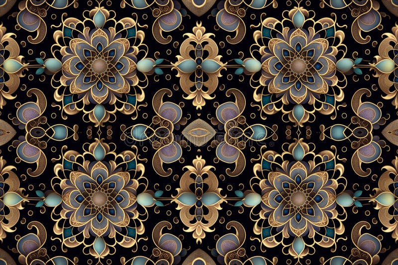Background of Medallions, Rosettes and Mandalas Golden Tapestry Pattern ...