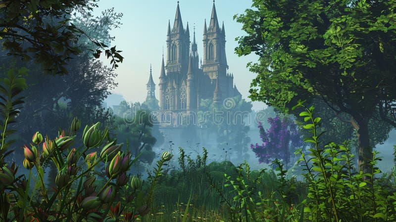 In the Background is a Medieval, Gothic Castle, Trees Stock ...