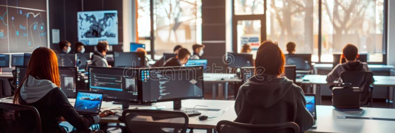 Background of a Modern Computer Laboratory Where Students Work on ...