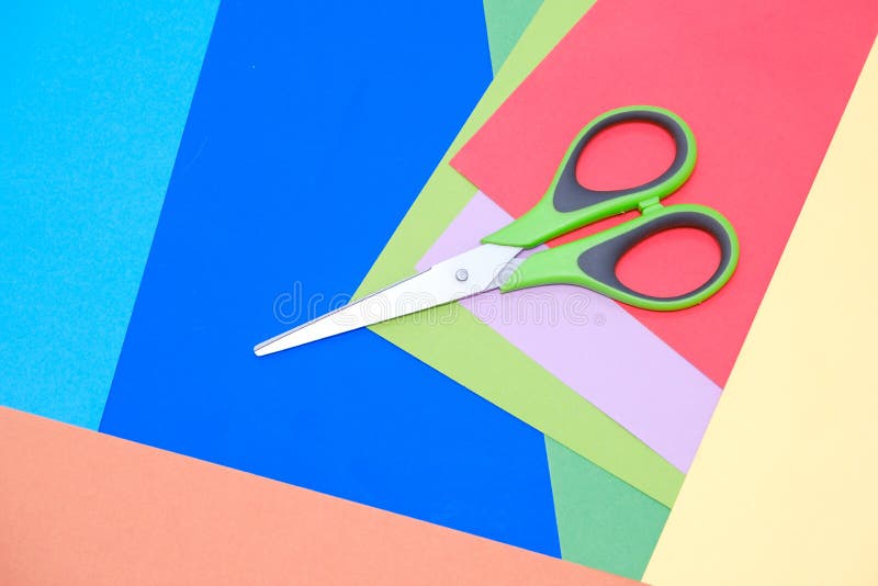 Background from Multicolored Colored Paper and Scissors from Top View ...
