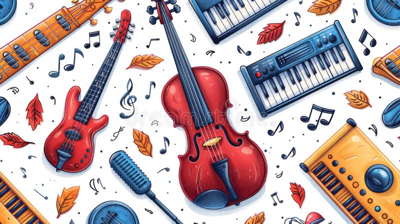 Background with Musical Instruments Drawn in Watercolor on a White ...