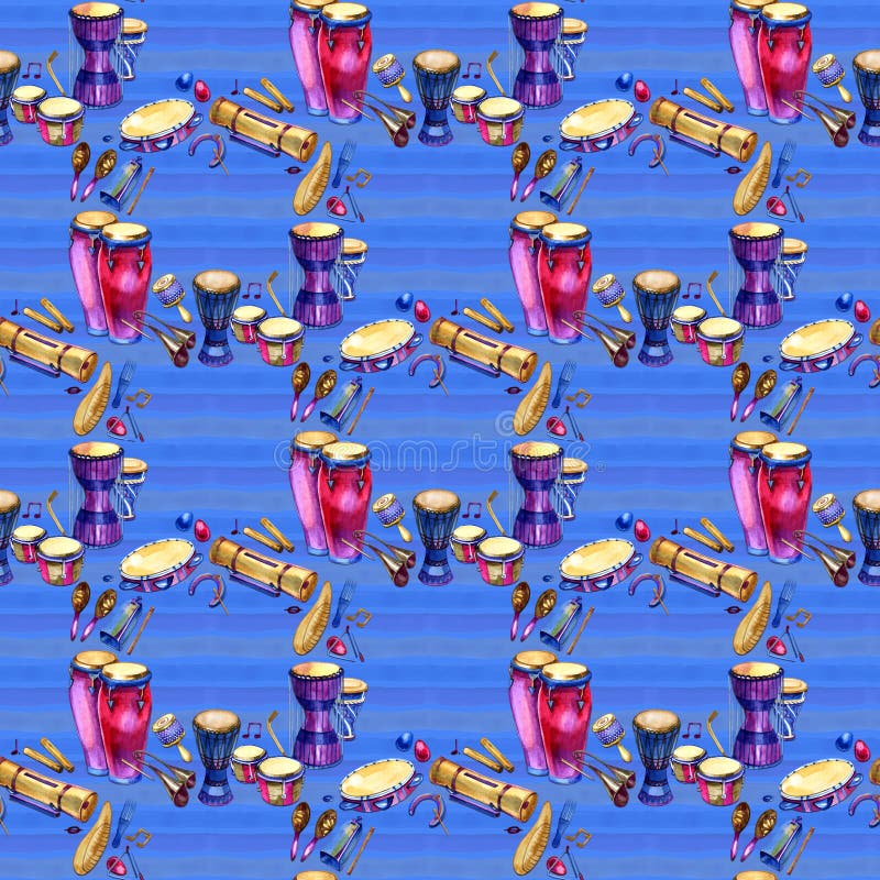 Background Musical Percussion Instruments. Seamless Pattern. Watercolor ...