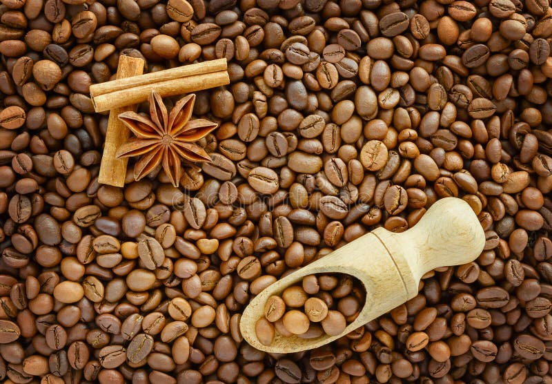 Background with Natural Coffee Beans and Spices for Coffee Stock Photo ...