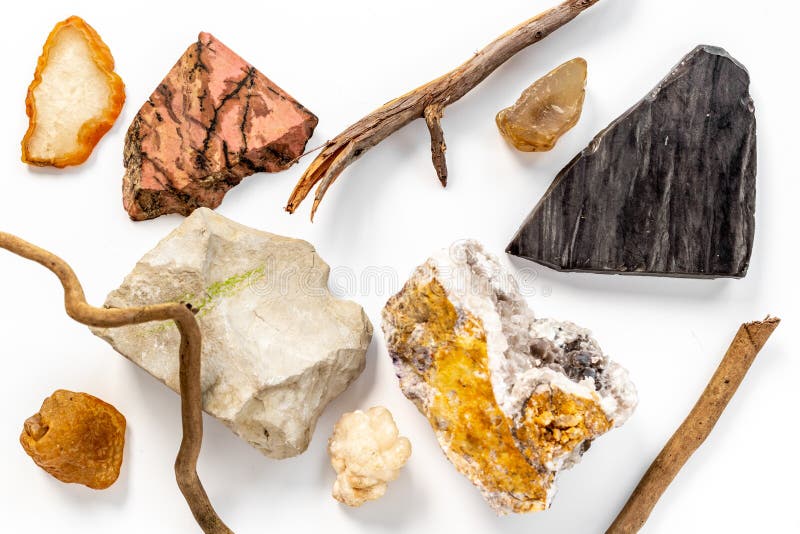 Background of Natural Crystal Stone Mineral with Snag Tree Branch Stock ...