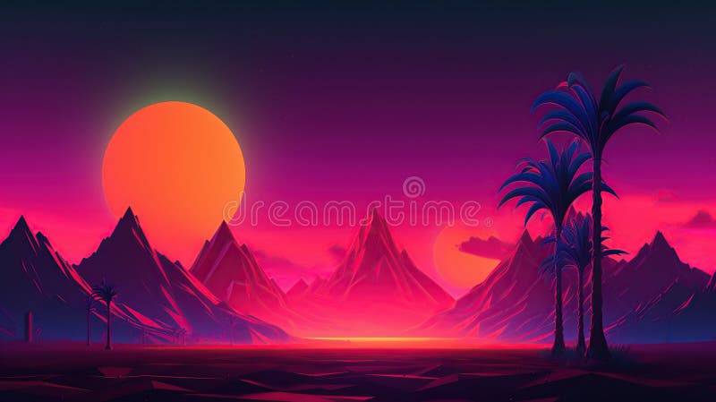 Background with Neon Landscape Mountains and Palm Trees.Nostalgia for ...