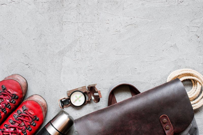 Background with Old Red Shoes, Backpack and Compass Stock Photo - Image ...