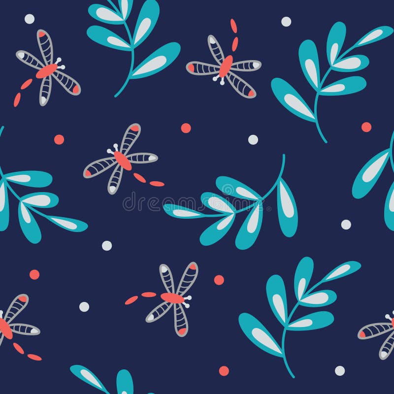 Pattern with Red Dragonflies and Leaves on a Blue Background ...