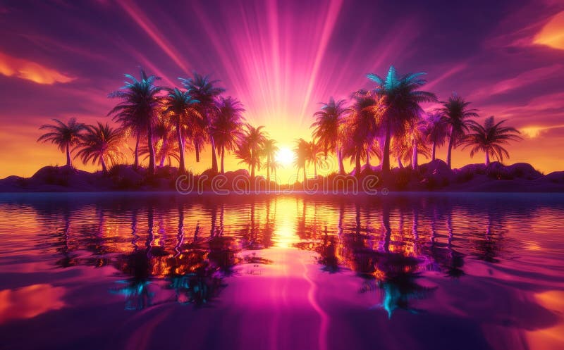 Background with Palm Trees, Water, and Red Light Rays in Neon Synthwave ...