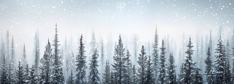 Background Panorama of Snowy Pine Forest with Falling Snow. the Trees ...