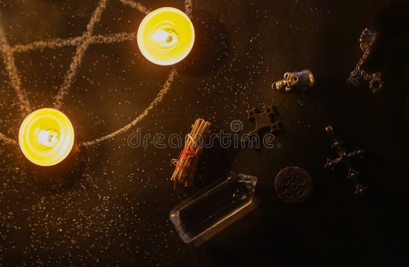 Background with Part of the Pentagram, Salt and Objects for the Ritual ...