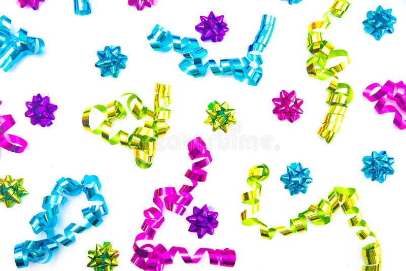 Background of Party Ribbons and Bows in Bright Colors on White Stock ...