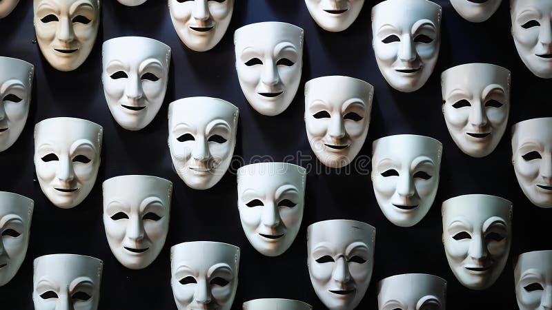 The Background is a Pattern of Various White Masks Expressing a Certain ...
