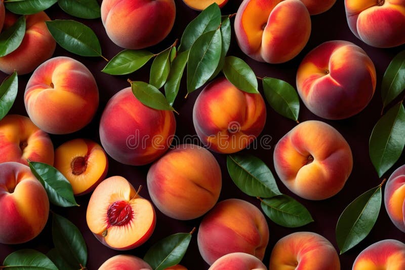 Background Pattern Wallpaper of Fresh Ripe Peaches with Leaves Stock ...