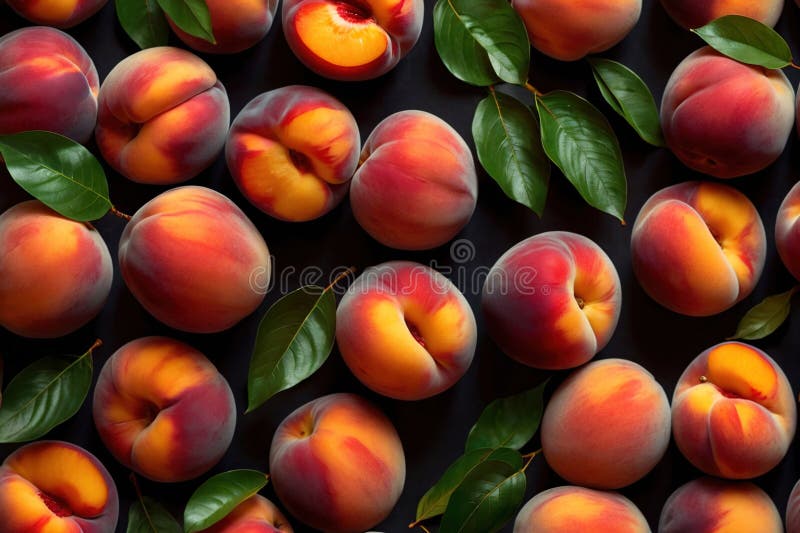 Background Pattern Wallpaper of Fresh Ripe Peaches with Leaves Stock ...