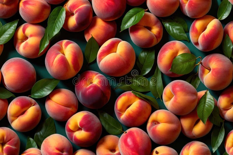 Background Pattern Wallpaper of Fresh Ripe Peaches with Leaves Stock ...