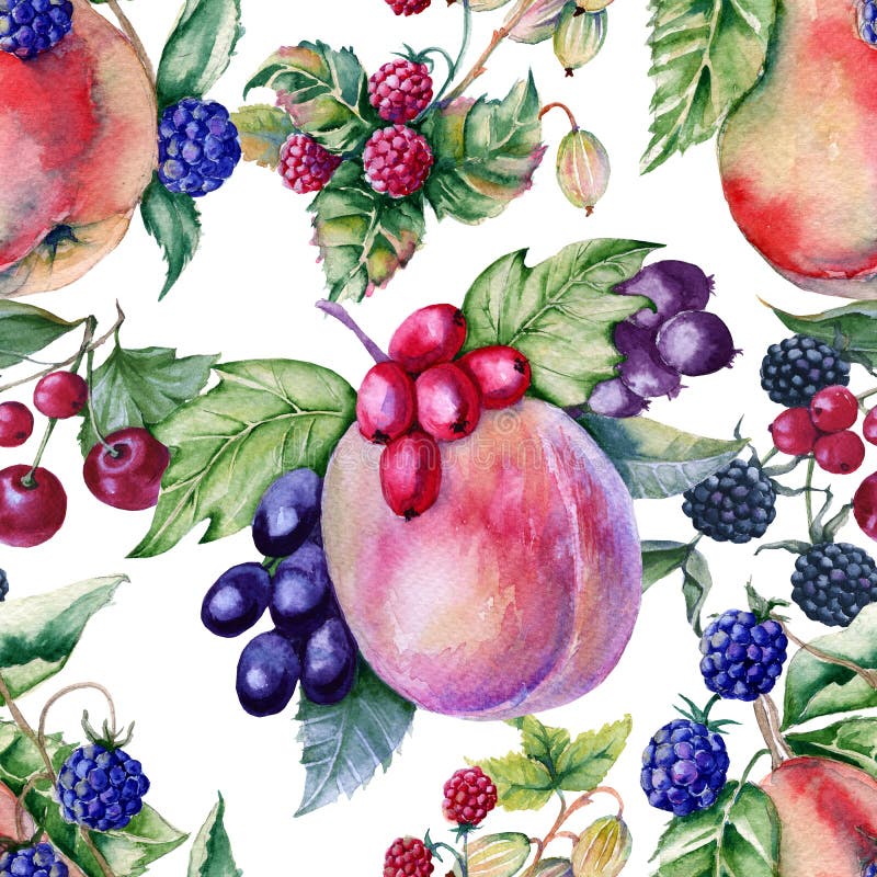 Background of Peach, Pear and Berries. Seamless Pattern Stock ...