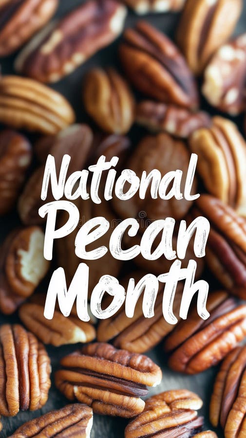 Background of Pecans, Text "National Pecan Month" in Front of it, the Text is a Thick White Line ...