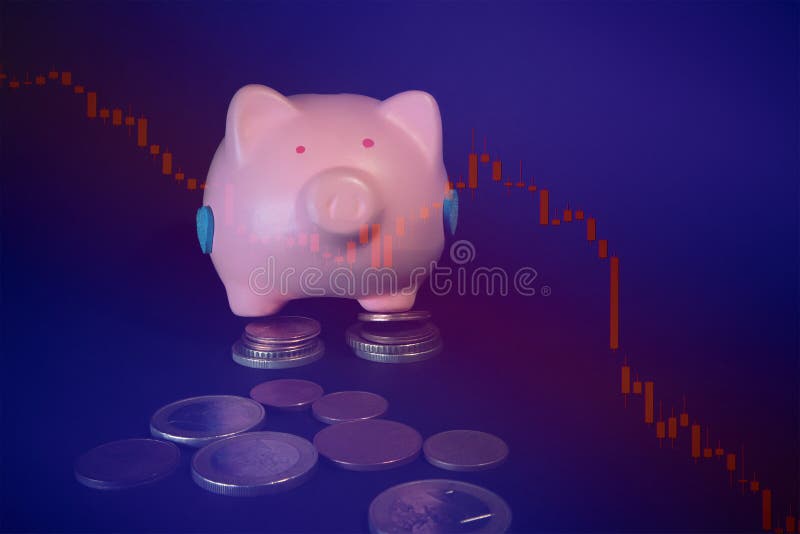 Background with Piggy Bank Standing on Euro Coins and Market Chart ...