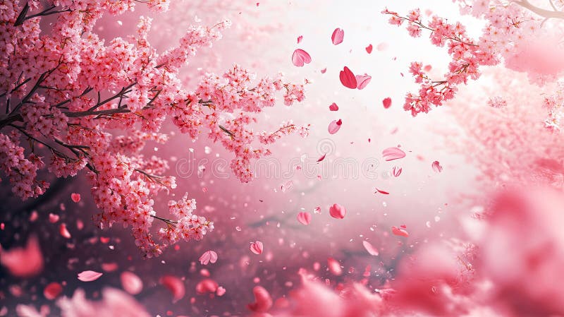 Background in Pink Tones with Cherry Blossom and Falling Petals, Spring ...