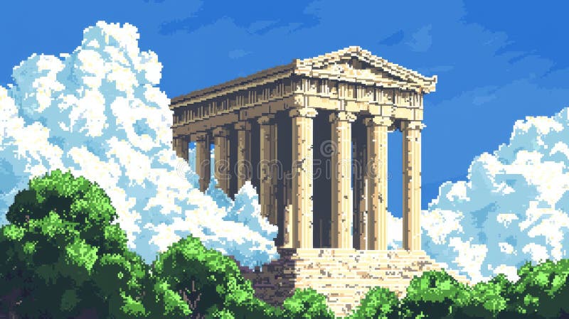 The Background of this Pixel Art is a Colorful Sky with Ancient Ruins ...