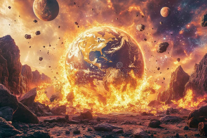 In the Background, a Planet with a Sun and a Volcano Erupting Stock ...