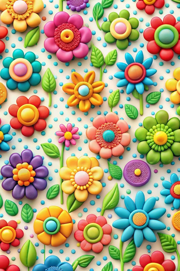 Background with Plasticine 3D Flowers. Multicolored Puffy Buds and Dots ...