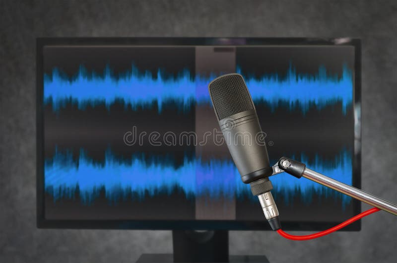 Background with Professional Microphone and Wave Form on Screen Stock ...
