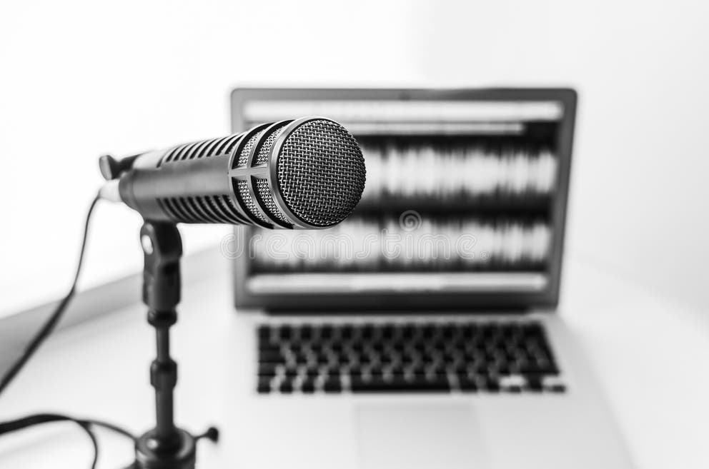 Background with a Professional Microphone and Wave Form on Screen Stock ...