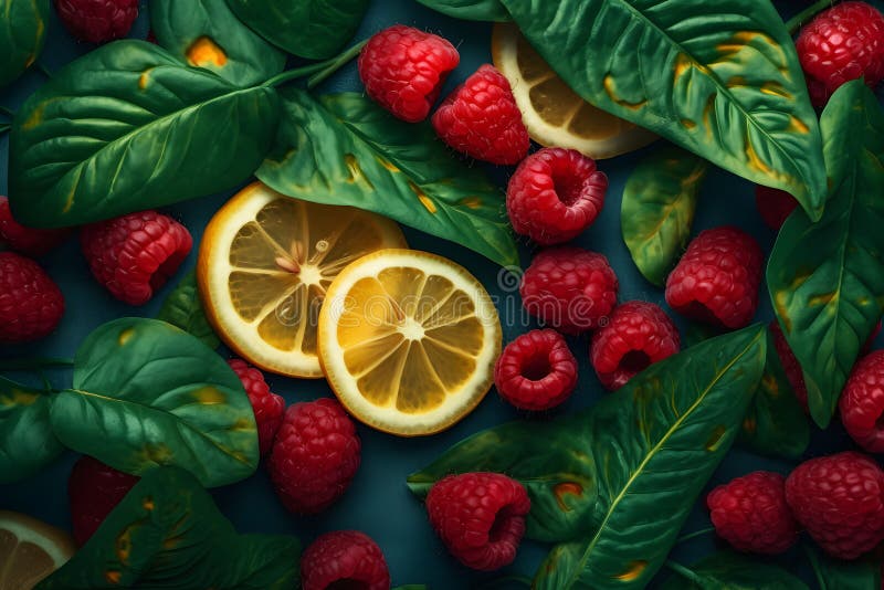 Background with Raspberry, Lemon and Mint. Neural Network AI Generated ...