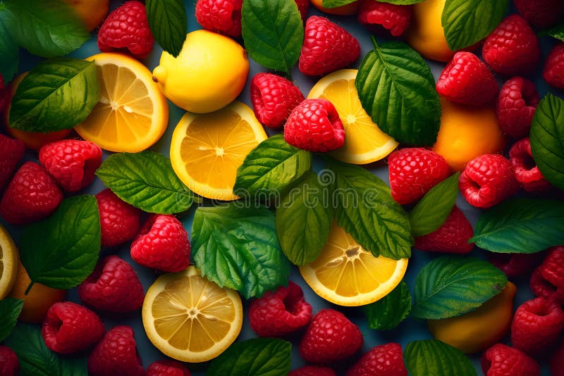 Background with Raspberry, Lemon and Mint. Neural Network AI Generated Stock Illustration ...