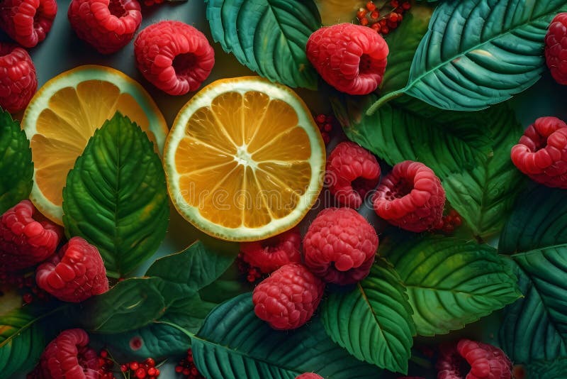 Background with Raspberry, Lemon and Mint. Neural Network AI Generated ...
