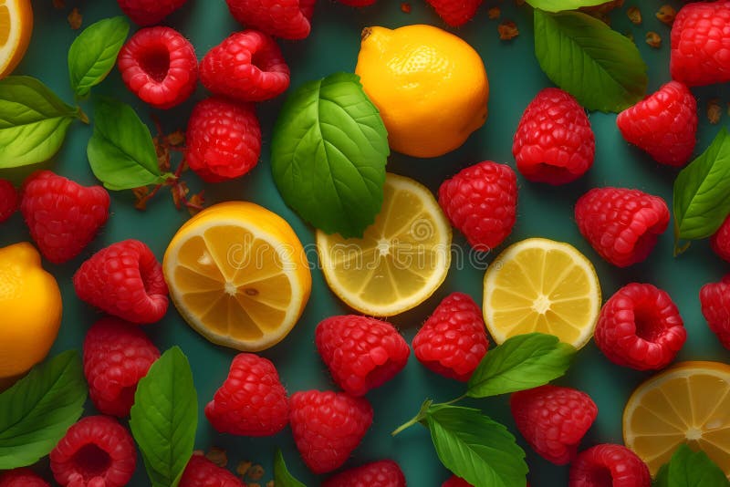 Background with Raspberry, Lemon and Mint. Neural Network AI Generated ...