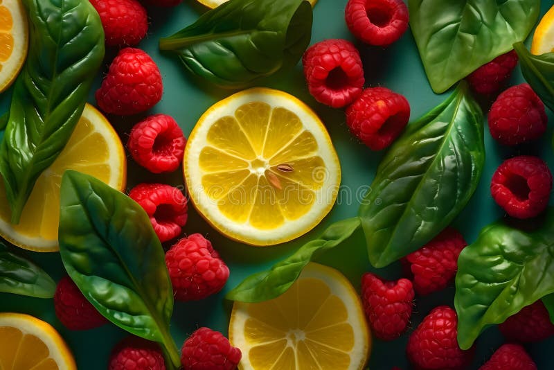 Background with Raspberry, Lemon and Mint. Neural Network AI Generated ...