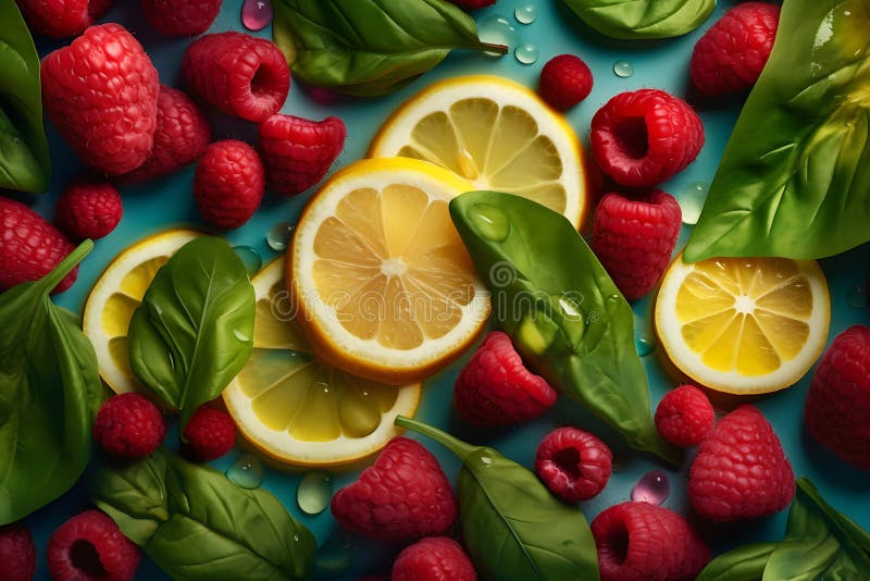 Background with Raspberry, Lemon and Mint. Neural Network AI Generated ...