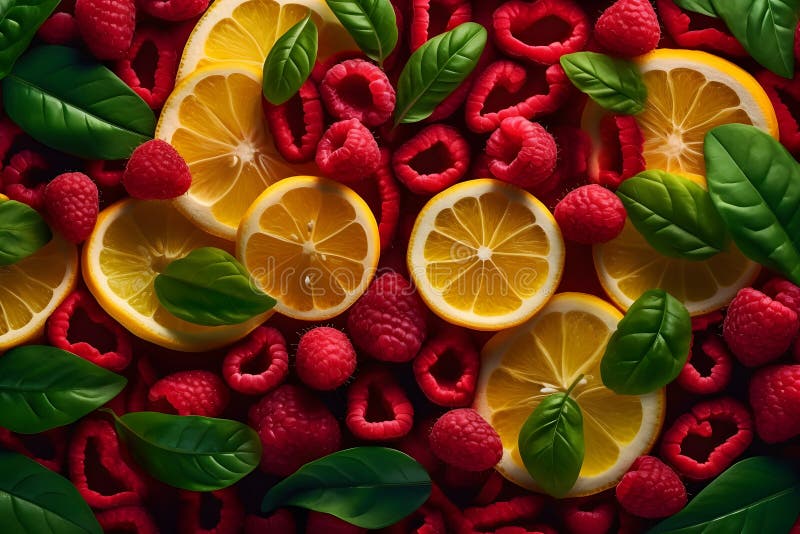 Background with Raspberry, Lemon and Mint. Neural Network AI Generated ...