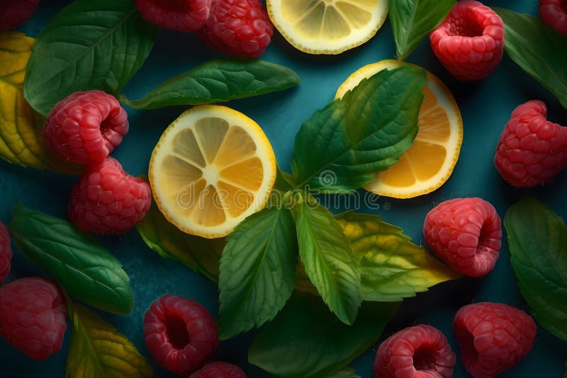Background with Raspberry, Lemon and Mint. Neural Network AI Generated ...