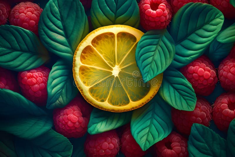 Background with Raspberry, Lemon and Mint. Neural Network AI Generated Stock Illustration ...