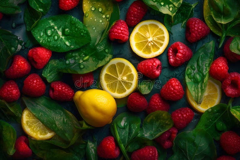 Background with Raspberry, Lemon and Mint. Neural Network AI Generated Stock Illustration ...