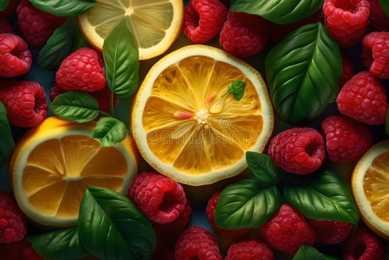 Background with Raspberry, Lemon and Mint. Neural Network AI Generated ...