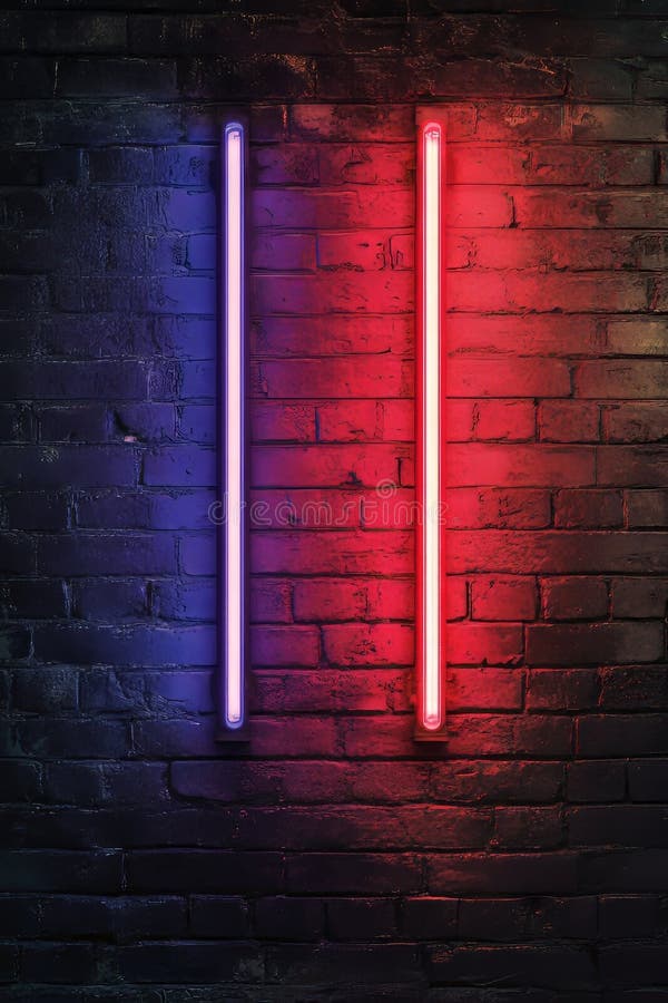 The Background is Red and Blue Neon Light on Brick Walls that are Not ...